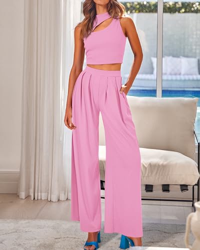 BTFBM Women 2 Piece Outfits 2024 Spring Summer Tracksuits Mock Neck Sleeveless Cutout Crop Top Wide Leg Pants Sweatsuits(Solid Pink, Large)