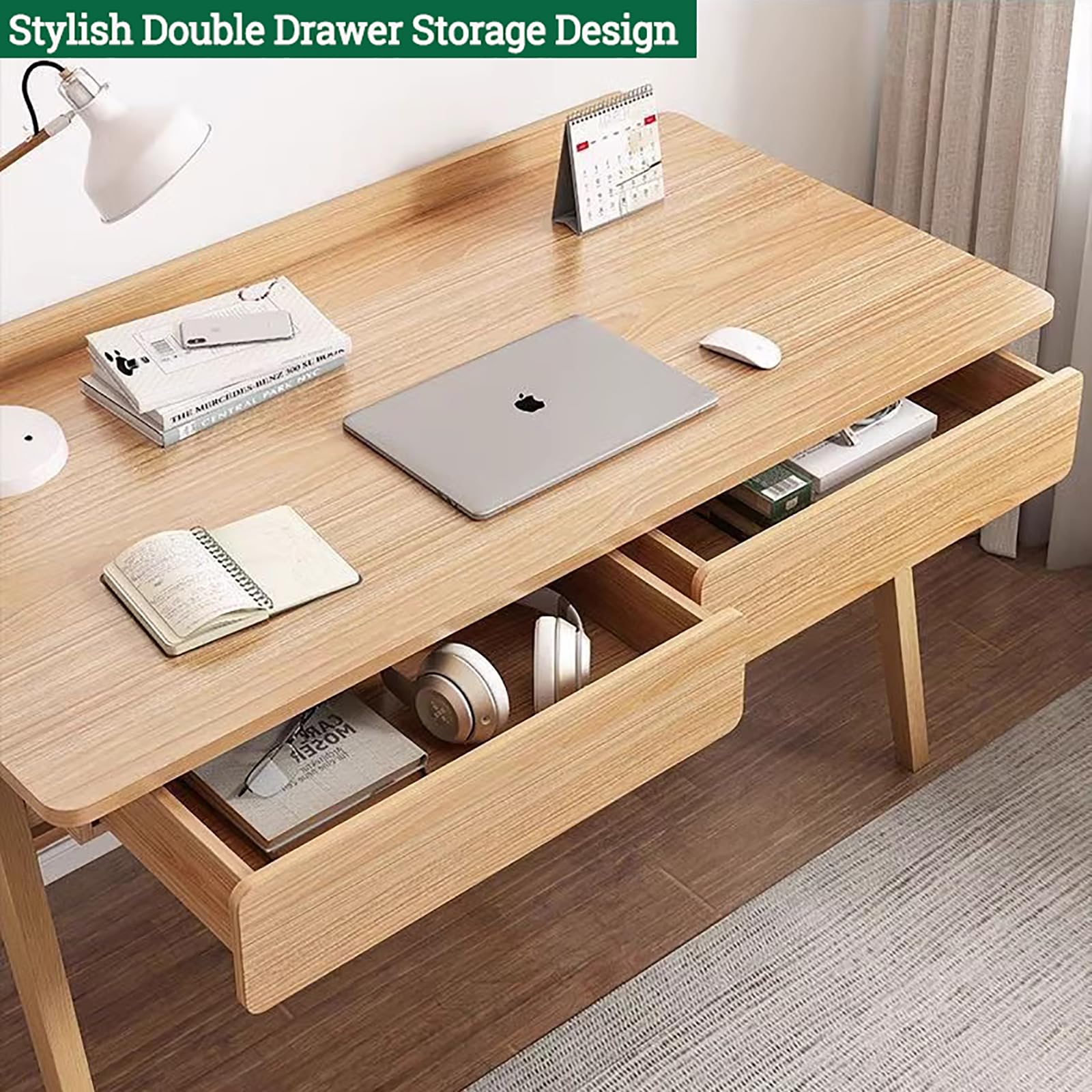 Topjia Modern Natural Wood Desk,Wood Home Office Desk with Drawers & Shelves,Writing Desk Workstation,Simple Study Desk Table Computer Desk - Only Desk(39inch, Natural)