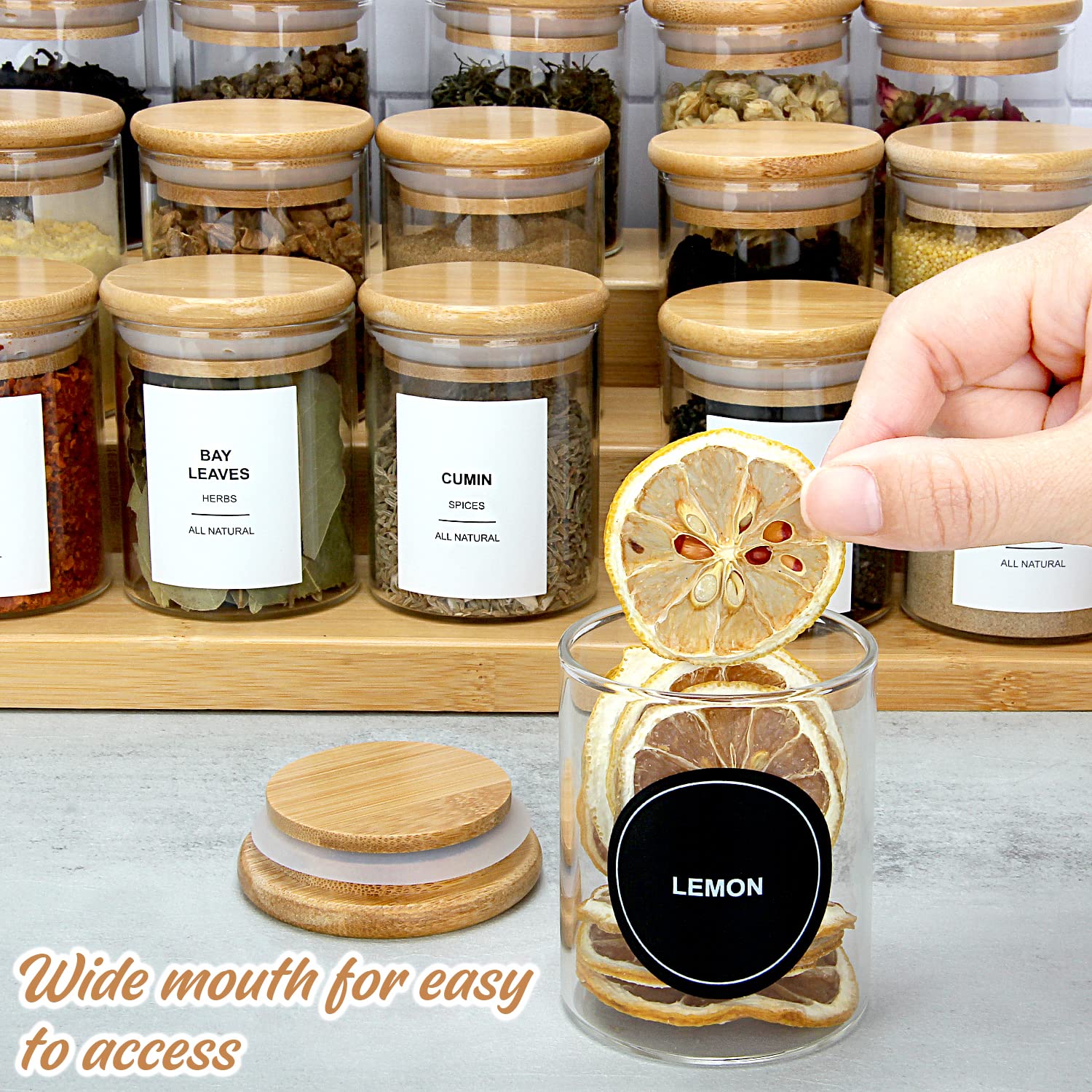 JuneHeart 32 PCS Glass Spice Jars with Bamboo Lids and 194 Waterproof Labels, 4oz Clear Food Storage Containers for Kitchen Sugar Salt Coffee Beans