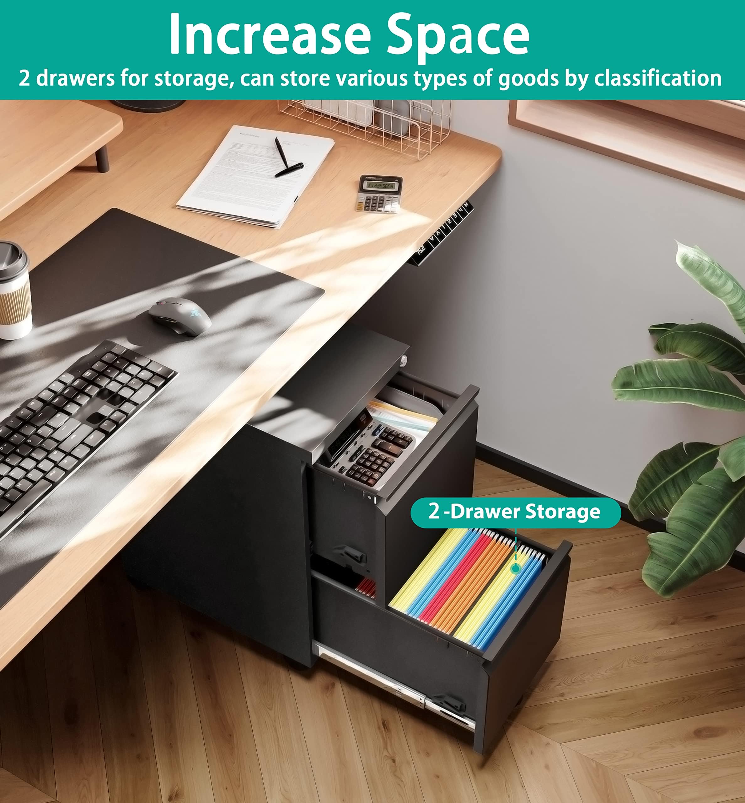 SISESOL 2 Drawer File Cabinet on Wheels,Metal Filing Cabinet with Lock,Black Rolling File Cabinets,Under Desk Office Cabinets for Home Office,Fit A4/Letter/Legal