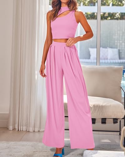 BTFBM Women 2 Piece Outfits 2024 Spring Summer Tracksuits Mock Neck Sleeveless Cutout Crop Top Wide Leg Pants Sweatsuits(Solid Pink, Large)