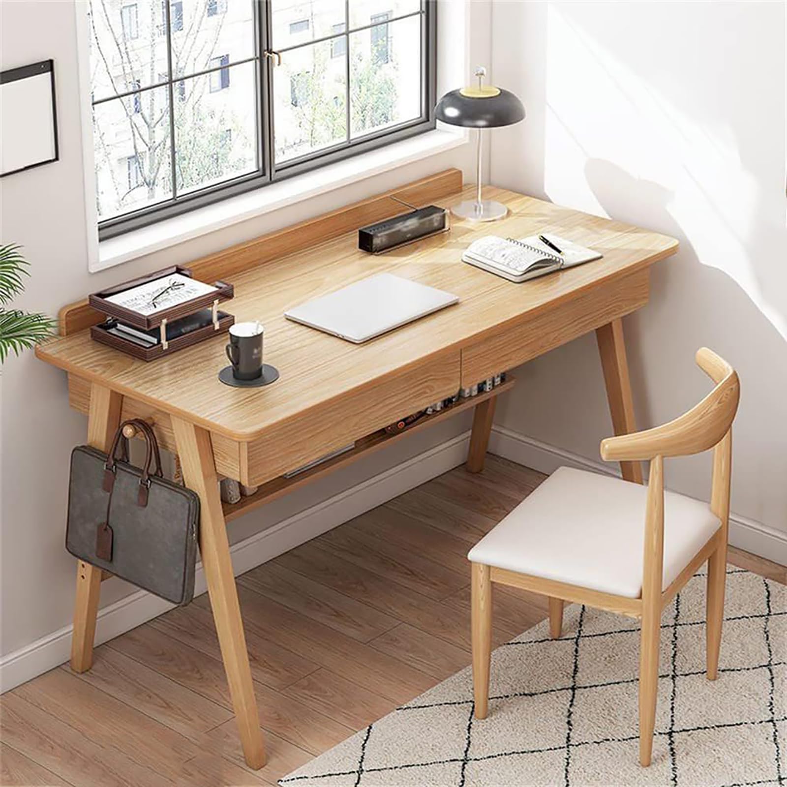Topjia Modern Natural Wood Desk,Wood Home Office Desk with Drawers & Shelves,Writing Desk Workstation,Simple Study Desk Table Computer Desk - Only Desk(39inch, Natural)
