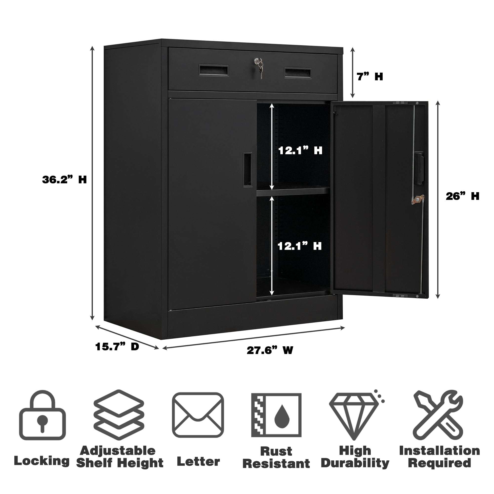 TaskStorz Metal Garage Storage Cabinets,Metal File Cabinet with 1 Locking Drawers, Lockable Storage Cabinets for Office, Home, Garage, Warehouse 36.2" H x 27.6" W x 15.7" D (Black)