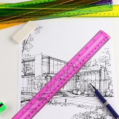 ZZTX 6 Pack Color Transparent Ruler Plastic Rulers, Metric Bulk Rulers with Inches and Centimeters, Kids Ruler for School, Home, Office, 12 Inches