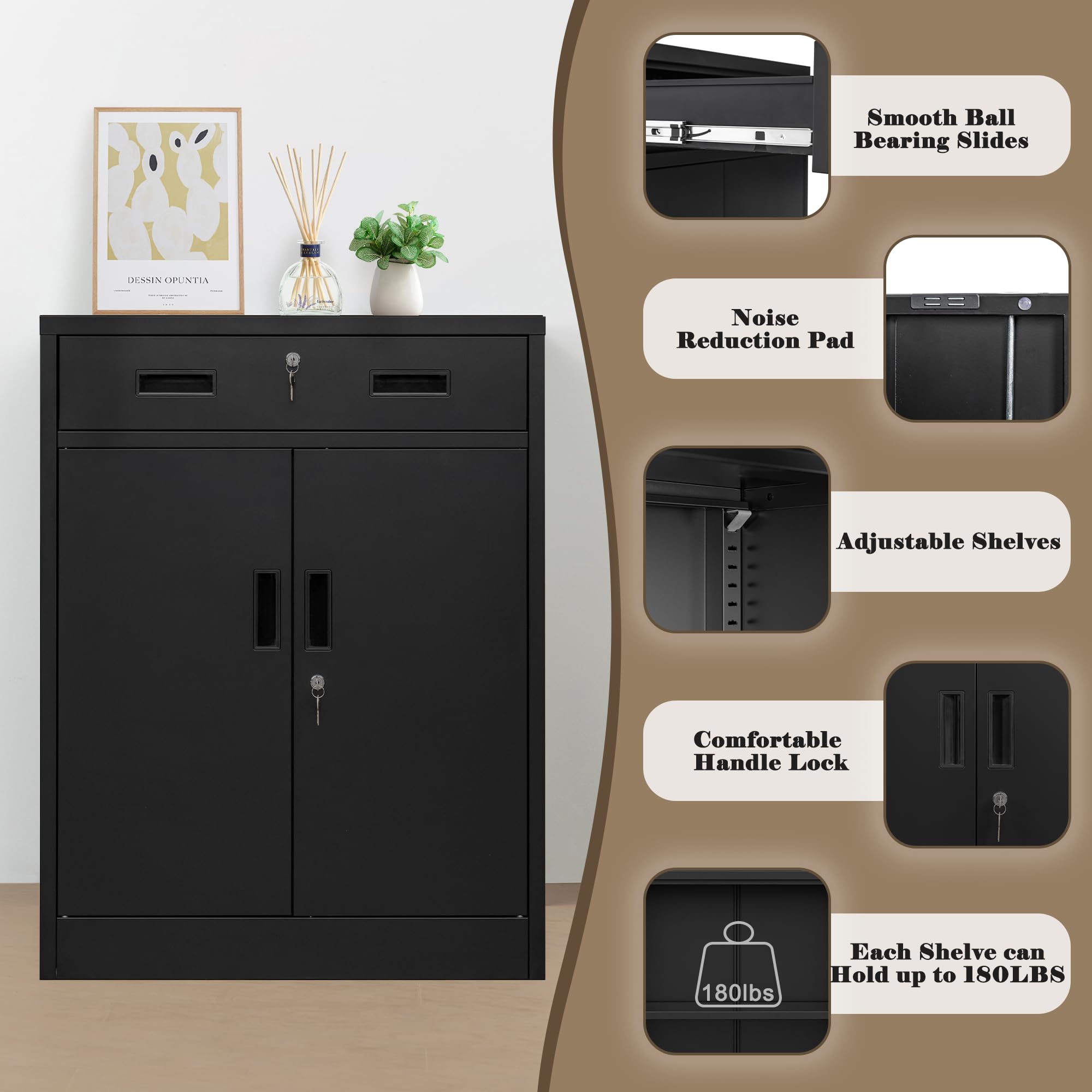 TaskStorz Metal Garage Storage Cabinets,Metal File Cabinet with 1 Locking Drawers, Lockable Storage Cabinets for Office, Home, Garage, Warehouse 36.2" H x 27.6" W x 15.7" D (Black)