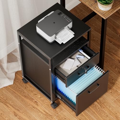 Warmiehomy File Cabinet with Lock 2 Drawer Rolling Filing Cabinet with Open Shelf Locking File Cabinet on Wheels Wood File Cabinet for Home Office fits A4/Letter/Legal Size (Black)