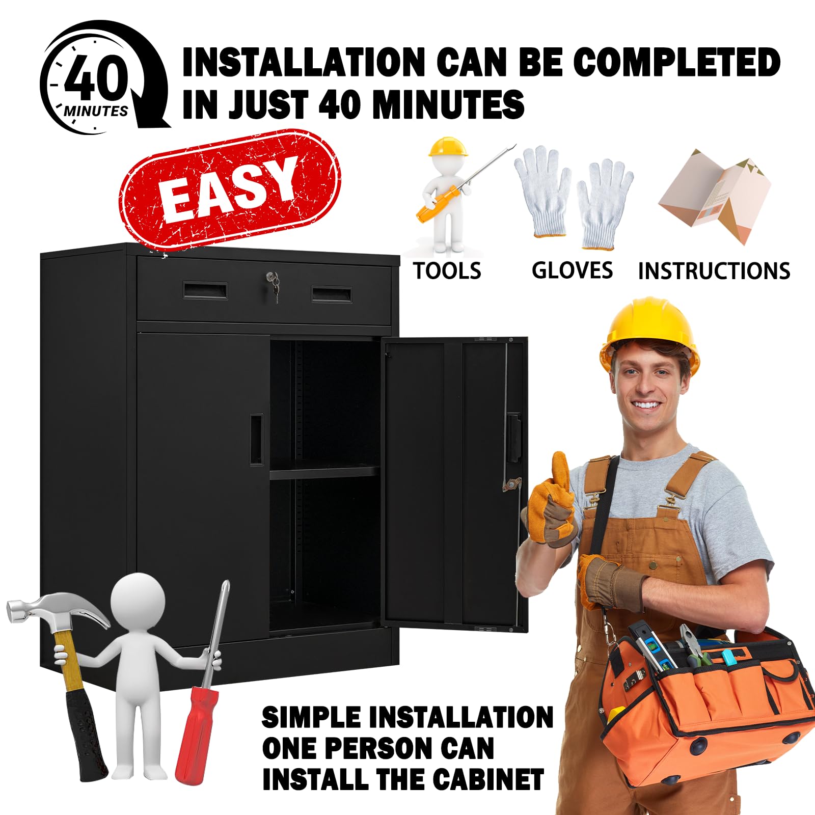 TaskStorz Metal Garage Storage Cabinets,Metal File Cabinet with 1 Locking Drawers, Lockable Storage Cabinets for Office, Home, Garage, Warehouse 36.2" H x 27.6" W x 15.7" D (Black)
