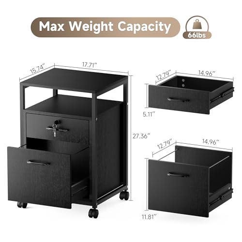 Warmiehomy File Cabinet with Lock 2 Drawer Rolling Filing Cabinet with Open Shelf Locking File Cabinet on Wheels Wood File Cabinet for Home Office fits A4/Letter/Legal Size (Black)
