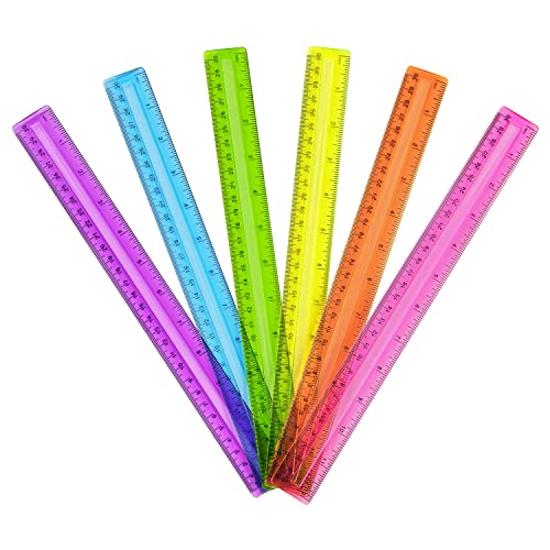 ZZTX 6 Pack Color Transparent Ruler Plastic Rulers, Metric Bulk Rulers with Inches and Centimeters, Kids Ruler for School, Home, Office, 12 Inches