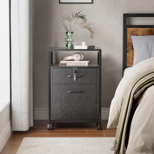 Warmiehomy File Cabinet with Lock 2 Drawer Rolling Filing Cabinet with Open Shelf Locking File Cabinet on Wheels Wood File Cabinet for Home Office fits A4/Letter/Legal Size (Black)