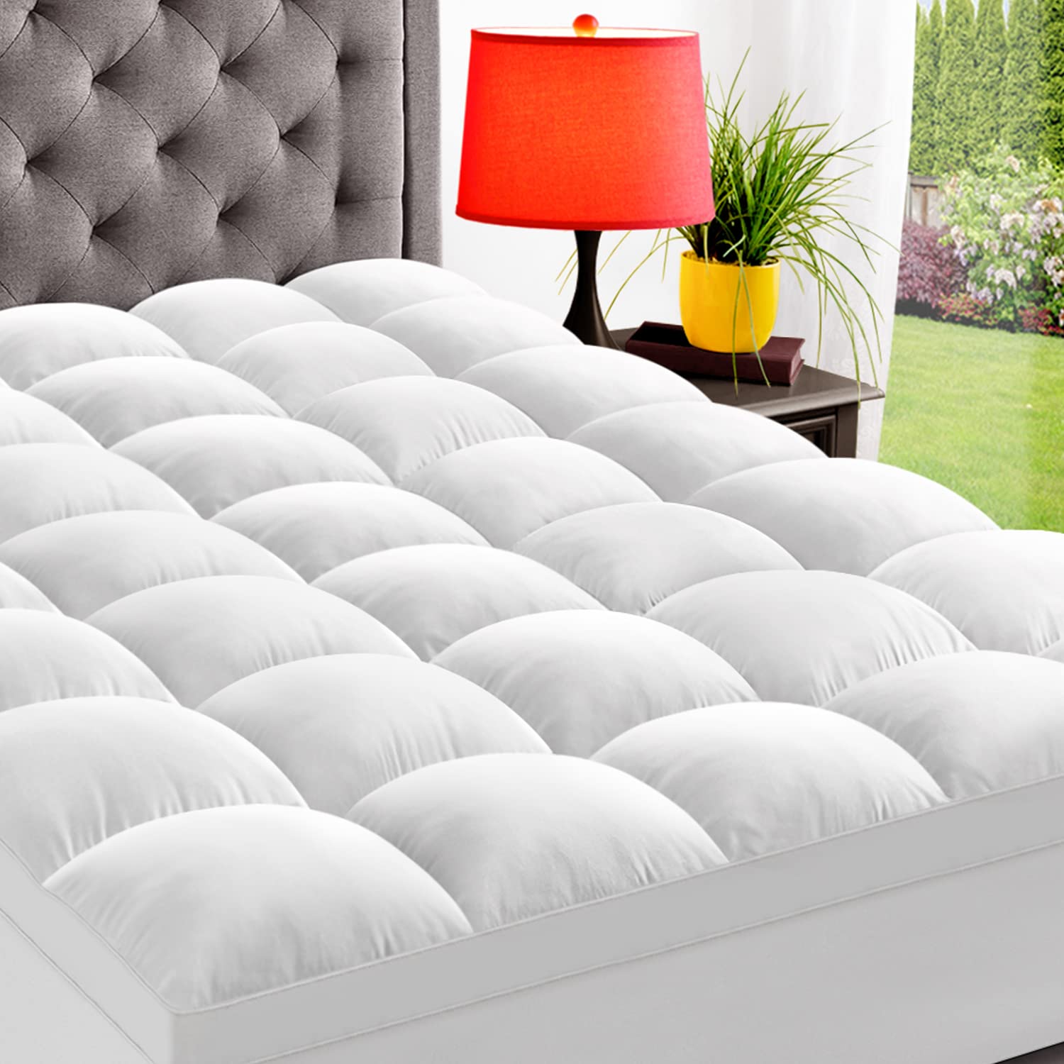 ELEMUSE Queen Cooling Mattress Topper for Back Pain, Extra Thick Mattress pad Cover, Plush Soft Pillowtop with Elastic Deep Pocket, Overfilled Down Alternative Filling