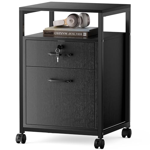 Warmiehomy File Cabinet with Lock 2 Drawer Rolling Filing Cabinet with Open Shelf Locking File Cabinet on Wheels Wood File Cabinet for Home Office fits A4/Letter/Legal Size (Black)