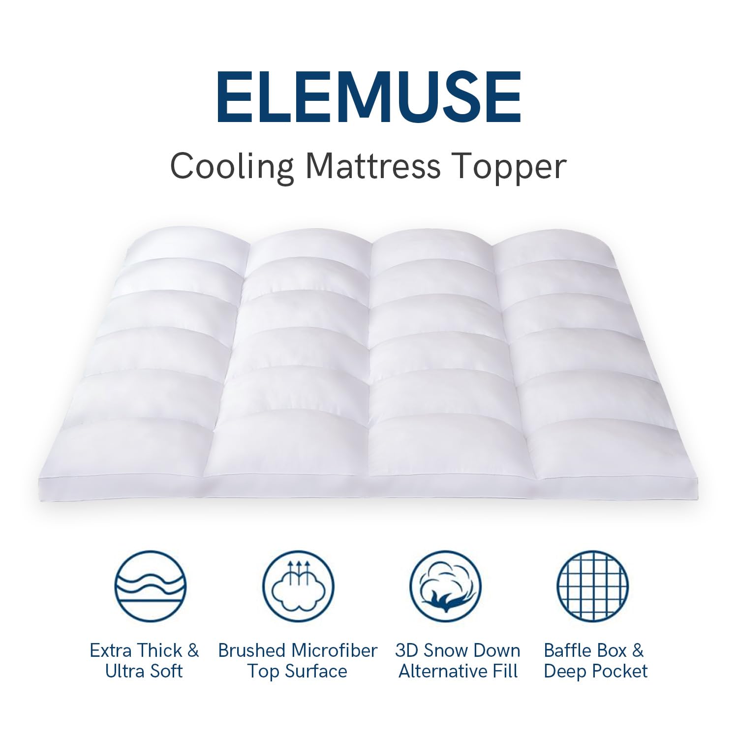 ELEMUSE Queen Cooling Mattress Topper for Back Pain, Extra Thick Mattress pad Cover, Plush Soft Pillowtop with Elastic Deep Pocket, Overfilled Down Alternative Filling