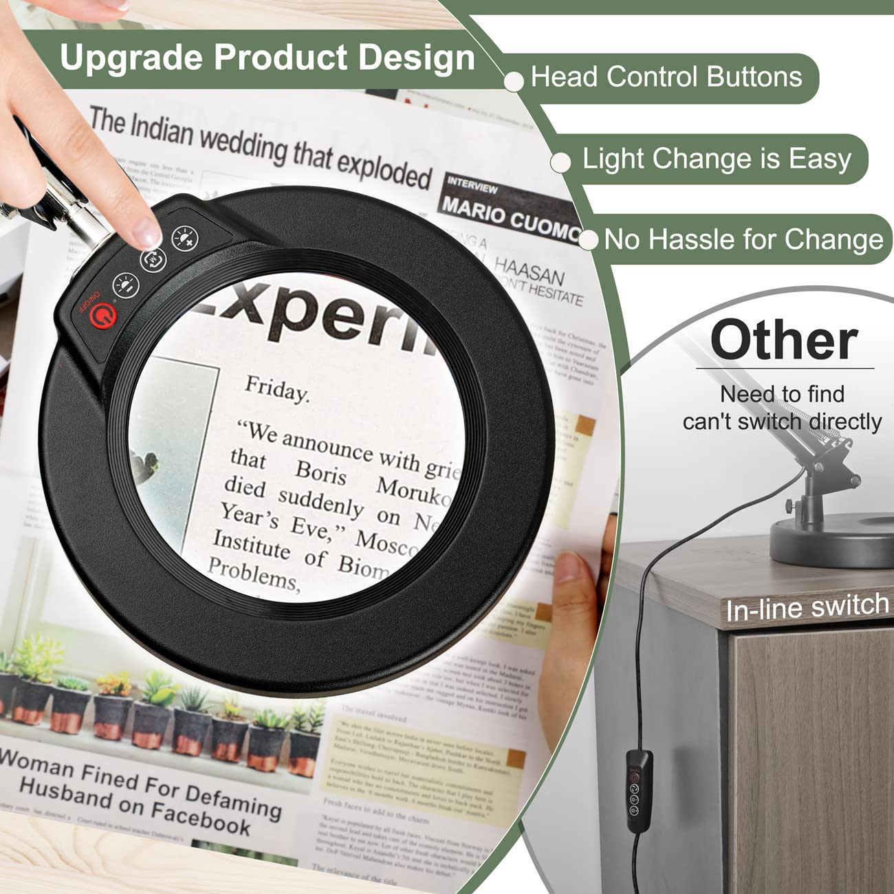 10X Magnifying Glass with Light and Stand, Upgrade Button 5 Color Modes Dimmable Lighting, Krstlv 2-in-1 LED Lighted Magnifier, Hands Free Desk Lamp with Clamp for Soldering Craft Hobby Close Work