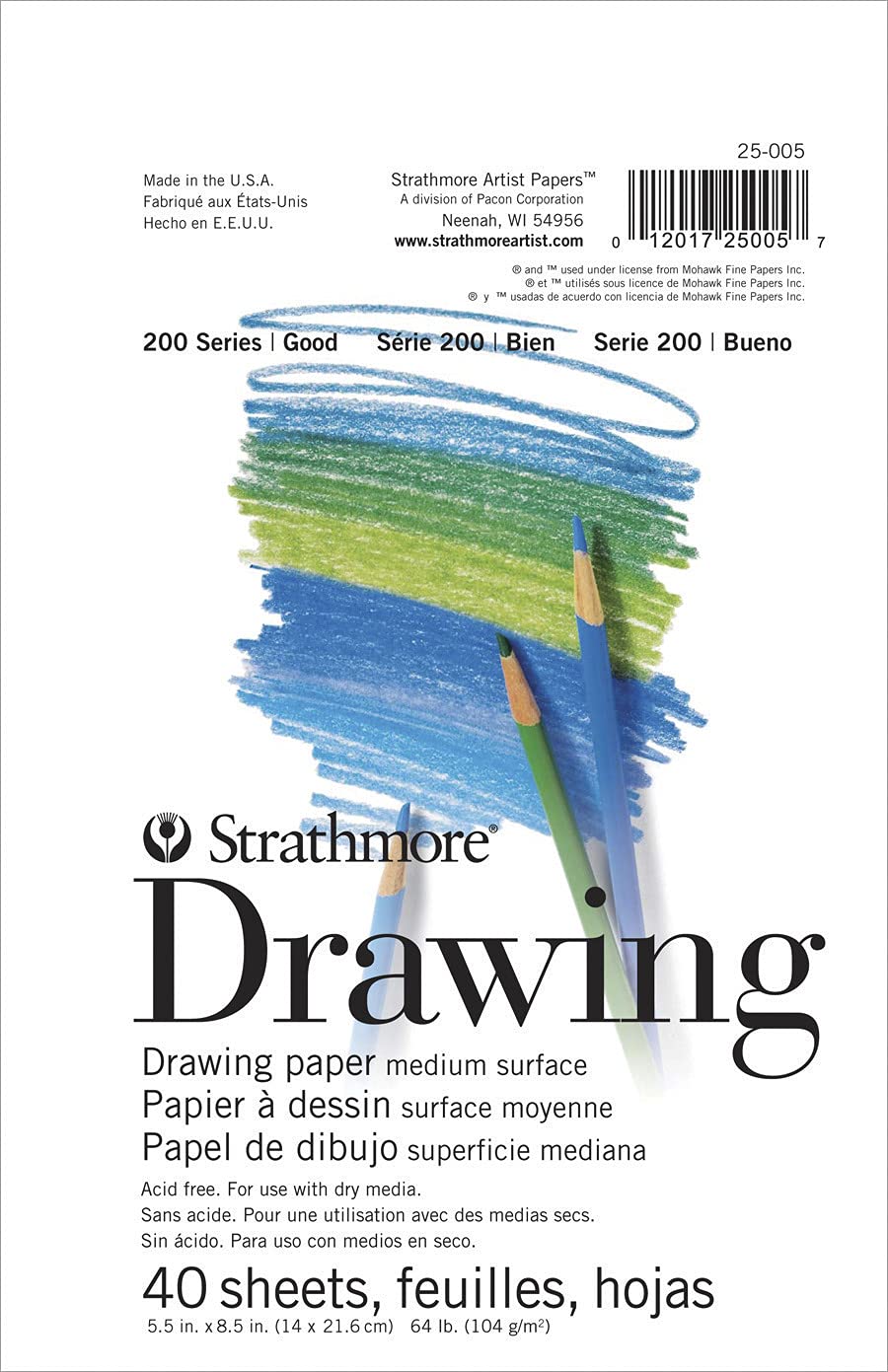 Strathmore 25-005 200 Top Tape Binding Acid-Free Light-Weight Drawing Pad, 70 lb, 5-1/2" x 8-1/2" Size, 40 Sheets, 0.5" Height, 5.5" Width, 8.5" Length