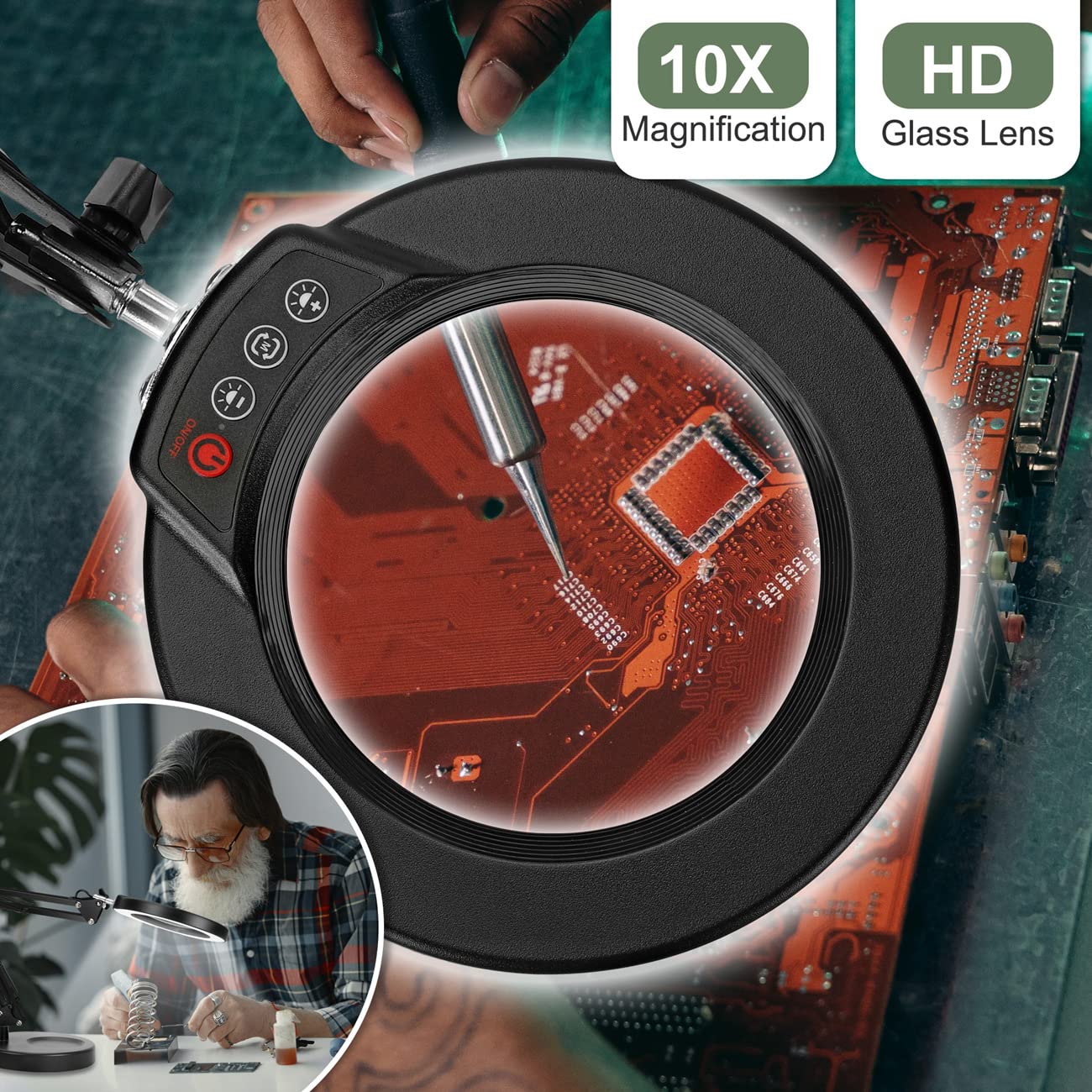 10X Magnifying Glass with Light and Stand, Upgrade Button 5 Color Modes Dimmable Lighting, Krstlv 2-in-1 LED Lighted Magnifier, Hands Free Desk Lamp with Clamp for Soldering Craft Hobby Close Work