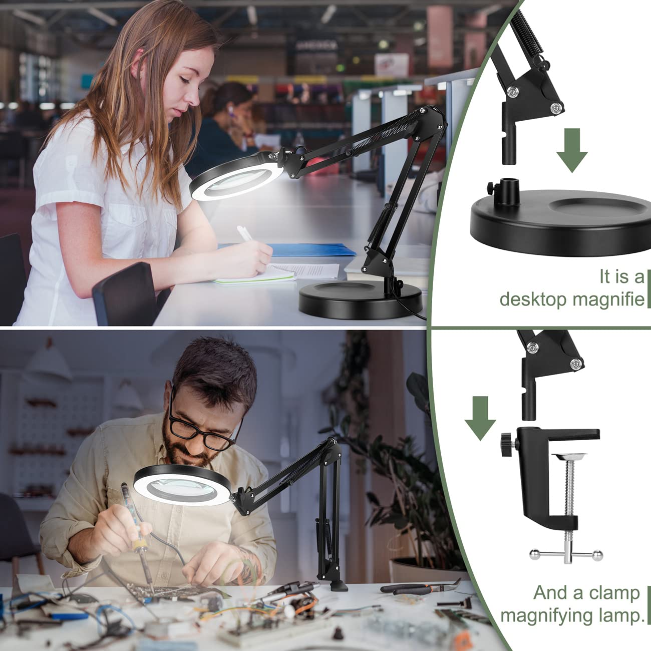 10X Magnifying Glass with Light and Stand, Upgrade Button 5 Color Modes Dimmable Lighting, Krstlv 2-in-1 LED Lighted Magnifier, Hands Free Desk Lamp with Clamp for Soldering Craft Hobby Close Work