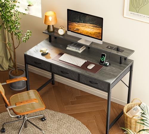 Huuger 47 inch Computer Desk with 3 Drawers, Office Desk Gaming Desk with LED Lights & Power Outlets, Home Office Desks with Storage Space for Bedroom, Work from Home, Gray