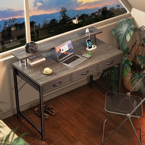 Huuger 47 inch Computer Desk with 3 Drawers, Office Desk Gaming Desk with LED Lights & Power Outlets, Home Office Desks with Storage Space for Bedroom, Work from Home, Gray