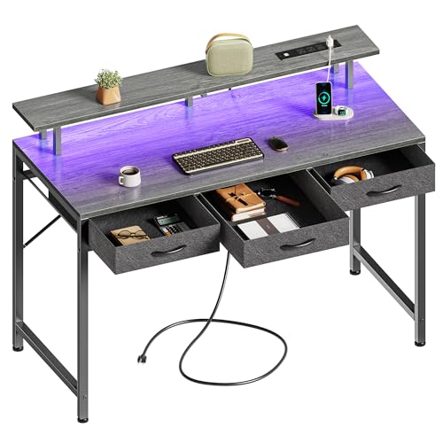 Huuger 47 inch Computer Desk with 3 Drawers, Office Desk Gaming Desk with LED Lights & Power Outlets, Home Office Desks with Storage Space for Bedroom, Work from Home, Gray