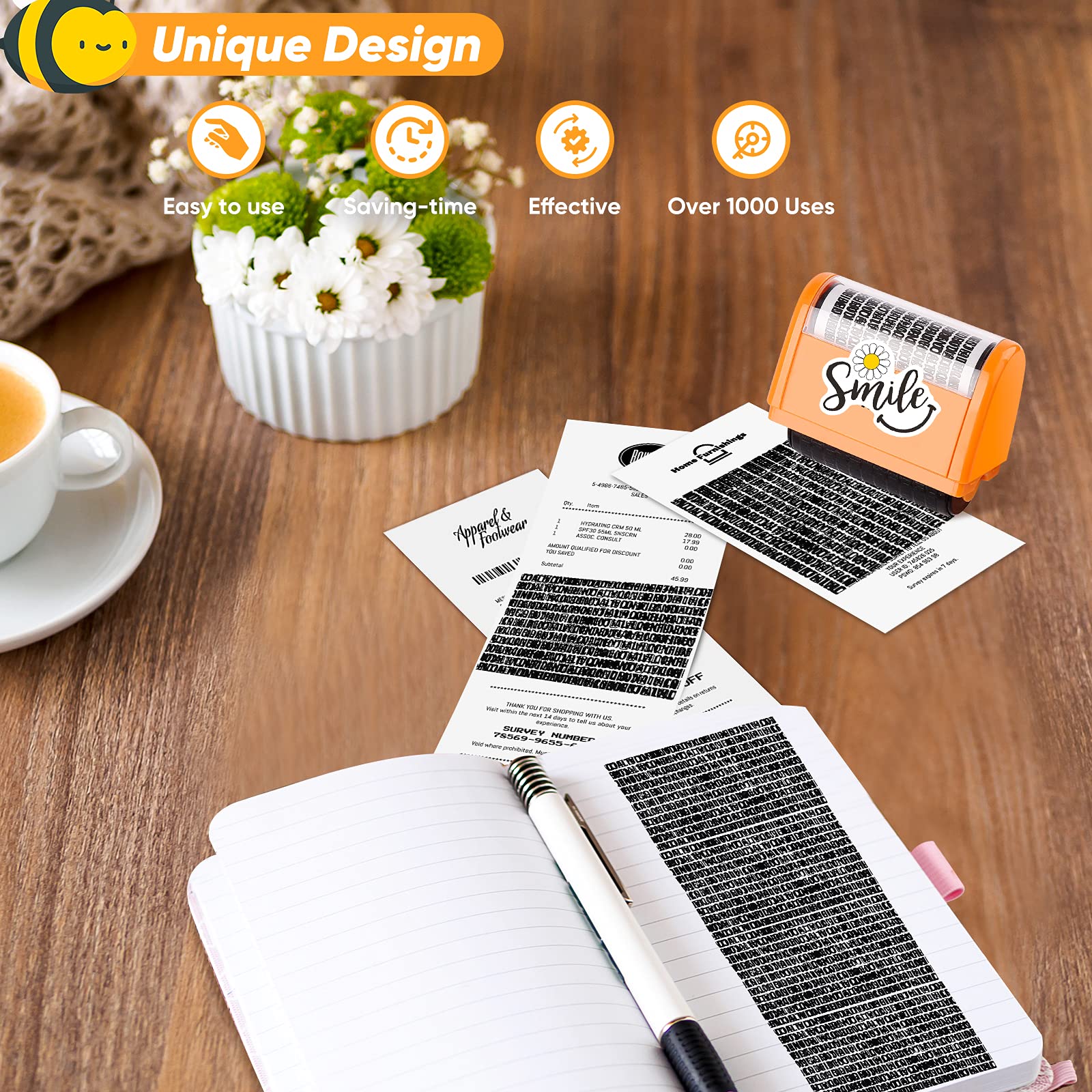 Identity Protection Roller Stamp LioNergy Extra Large Roller Identity Theft Prevention Security Stamp with 3 Refills, 10PCS Personalise Vinyl Waterproof Stickers –Orange Yellow