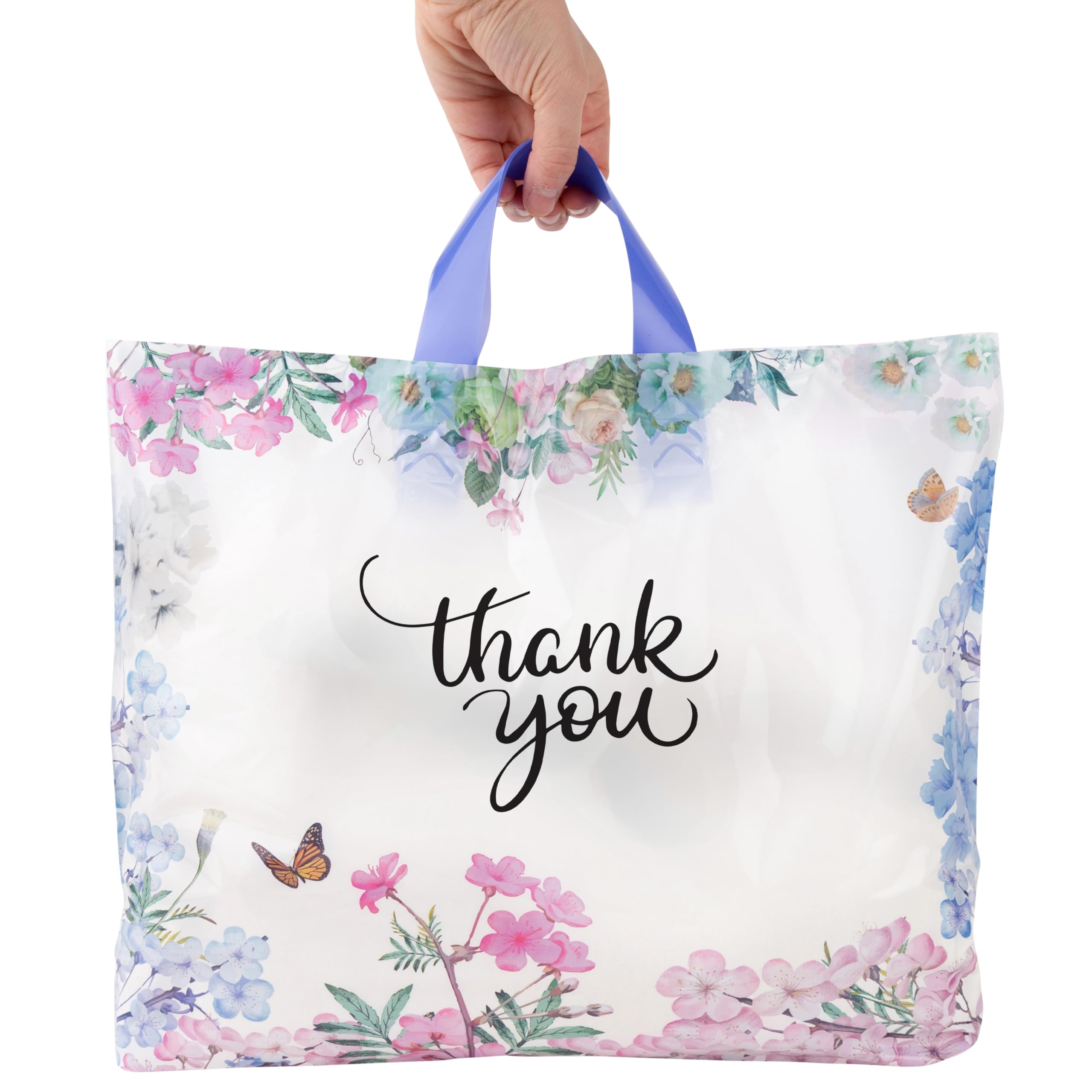 Purple Q Crafts Thank You Bags for Business 50 Pack 15" W x 12" H Floral Plastic Shopping Bags With Soft Loop Handle Thank You Shopping Bags