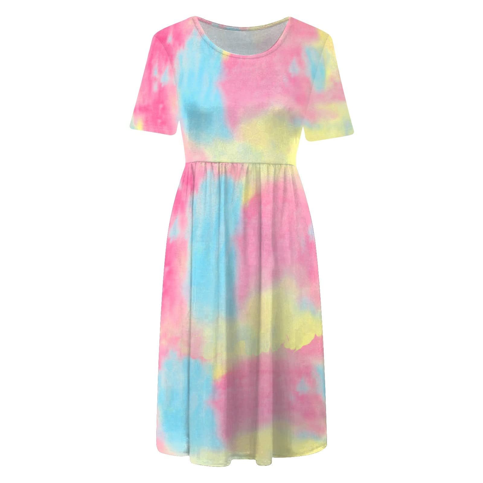 Office Dresses for Women for Work Ruffle A-Line Casual Dress Floral Short Sleeve Midi Dress Pink
