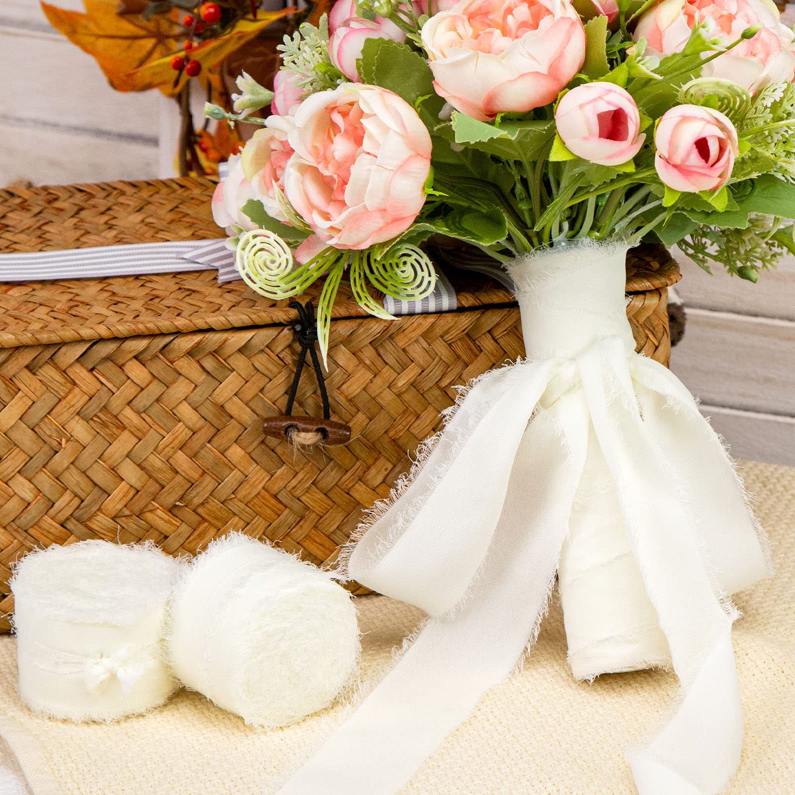 VGOODALL White Chiffon Ribbon, 3 Rolls Handmade Fringe Chiffon Ribbons 30Yd Frayed Edge Silk Ribbons for DIY Crafts Gift Wrapping Bouquet Wedding Decoration