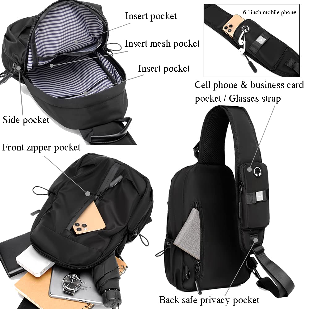 NUFR Sling Backpack Sling Bag Crossbody Backpack for Women Men Waterproof Chest Shoulder Bag Daypack for Hiking Walking Biking Travel Cycling USB Charger Port(Medium-White)