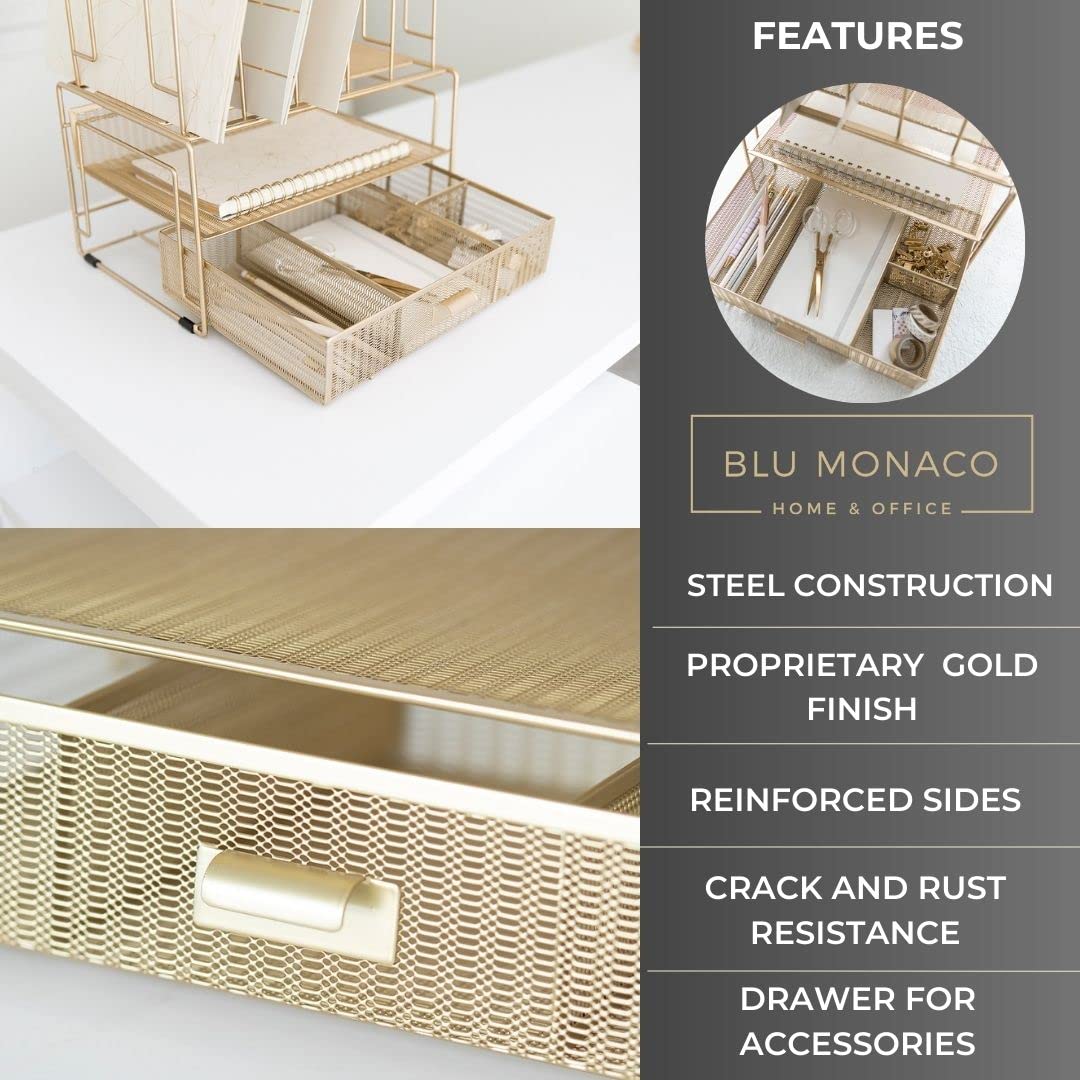 BLU MONACO Gold Desk Accessories and Workspace Organizers, Desktop Organizer - Cute File Organizer for Desk and Drawer Storage for Office Supplies, Paper, Device and Folders - File Holder