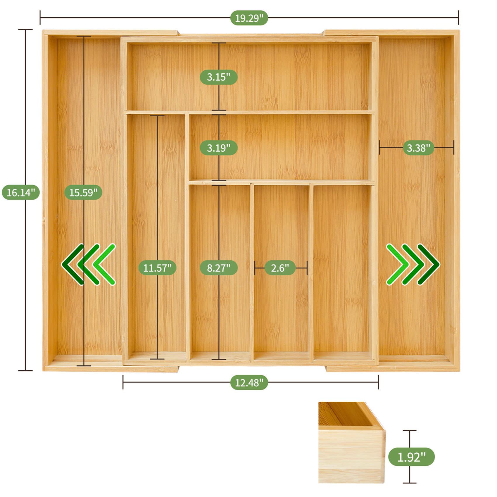 ZROOY Expandable Bamboo Kitchen Silverware Organizer Drawer for Utensils Holder and Cutlery, 8 Compartments for Drawer Tray with Grooved Drawer Dividers , Flatware and Kitchen Utensils (Natural)