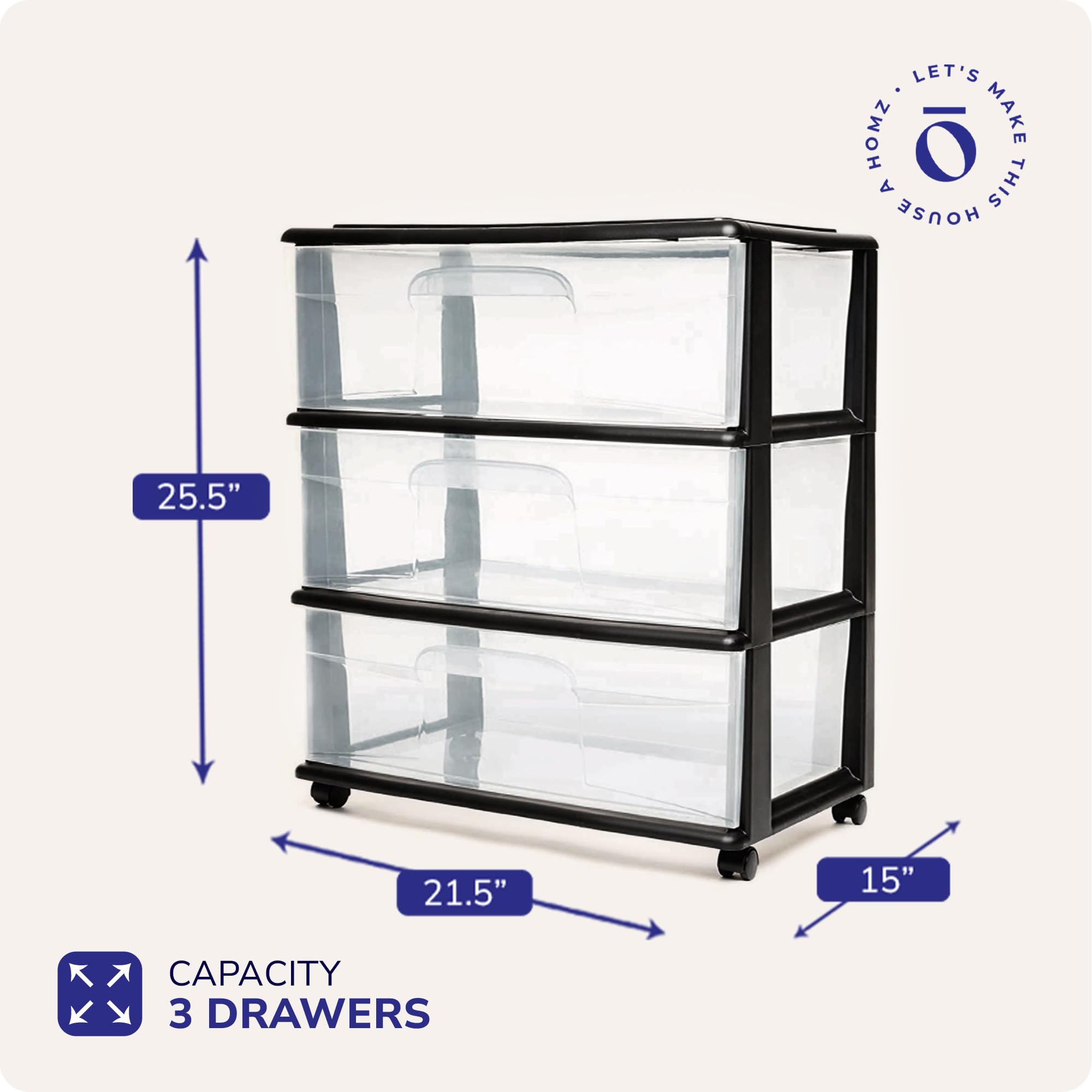 HOMZ Plastic 3 Drawer Wide Cart, Black Frame, Clear Drawers, 4 Casters included, Set of 1