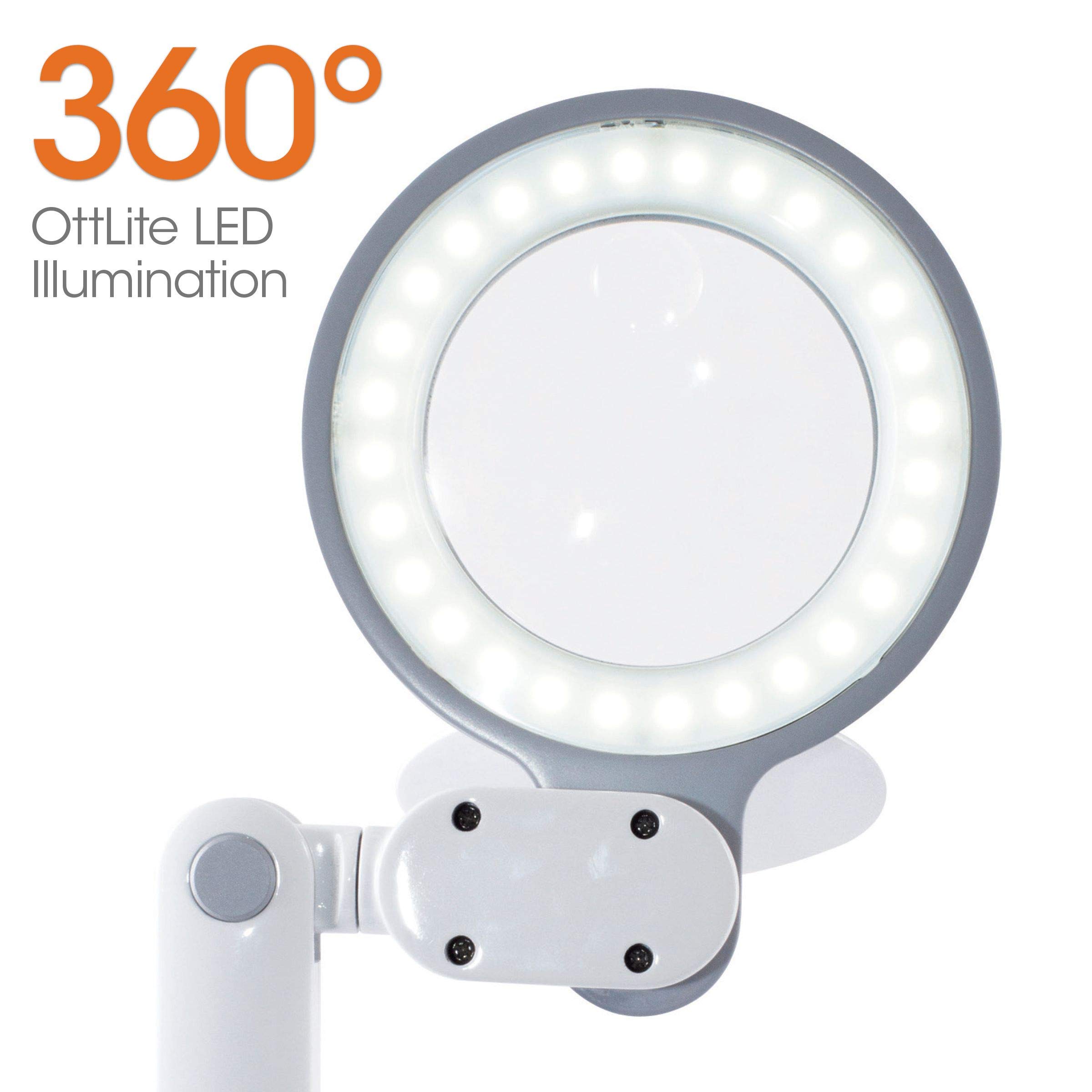 OttLite LED Space Saving Magnifier Desk Lamp – Optical Grade Magnification, Adjustable Arm, Pivoting Head, Portable to Travel, for Crafting & Needlework