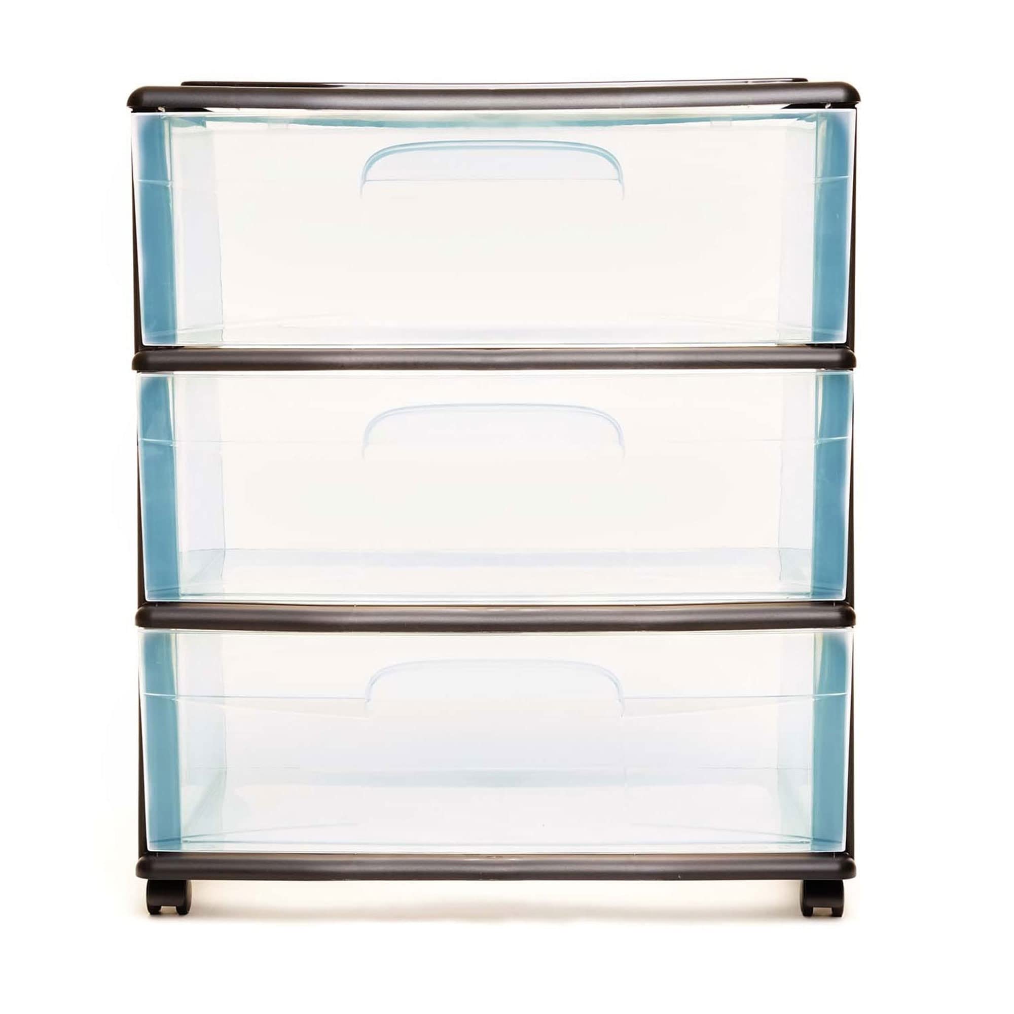 HOMZ Plastic 3 Drawer Wide Cart, Black Frame, Clear Drawers, 4 Casters included, Set of 1