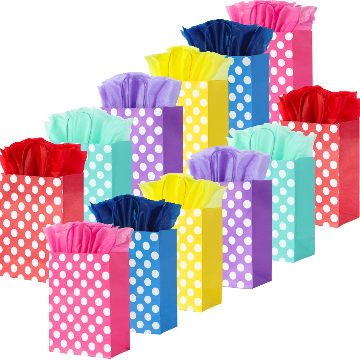 24Pack Dot Paper Gift Bags with handles, 8.7" Small Gift Bags with Tissue, Colorful Kraft Paper Bags for Goody Bags, Goodie Bags, Party Bags for Kids Birthday, Wedding, Valentines, Easter, Chrismas (Polka Dots)