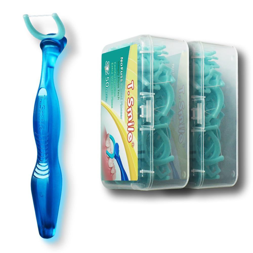 T.Smile Evolutionary Clean Dental Flossers, Kit of Refills Plus Mid-Length Handles, 3 Handles + 50 Extra-Strength Refills + 50 T-Tension Refills