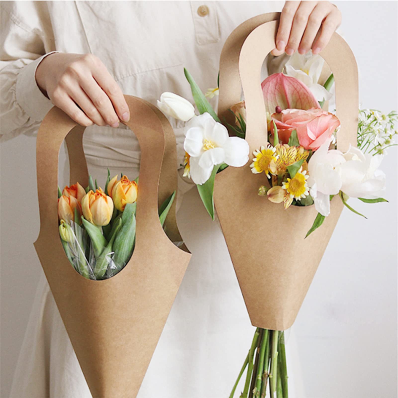 LONG XIN SERIES 20pcs Kraft Paper Flowers Gift Bags Bouquets Bags with Handle Flowers Wrapping Gift Home Decoration(20pcs, Size: Small
