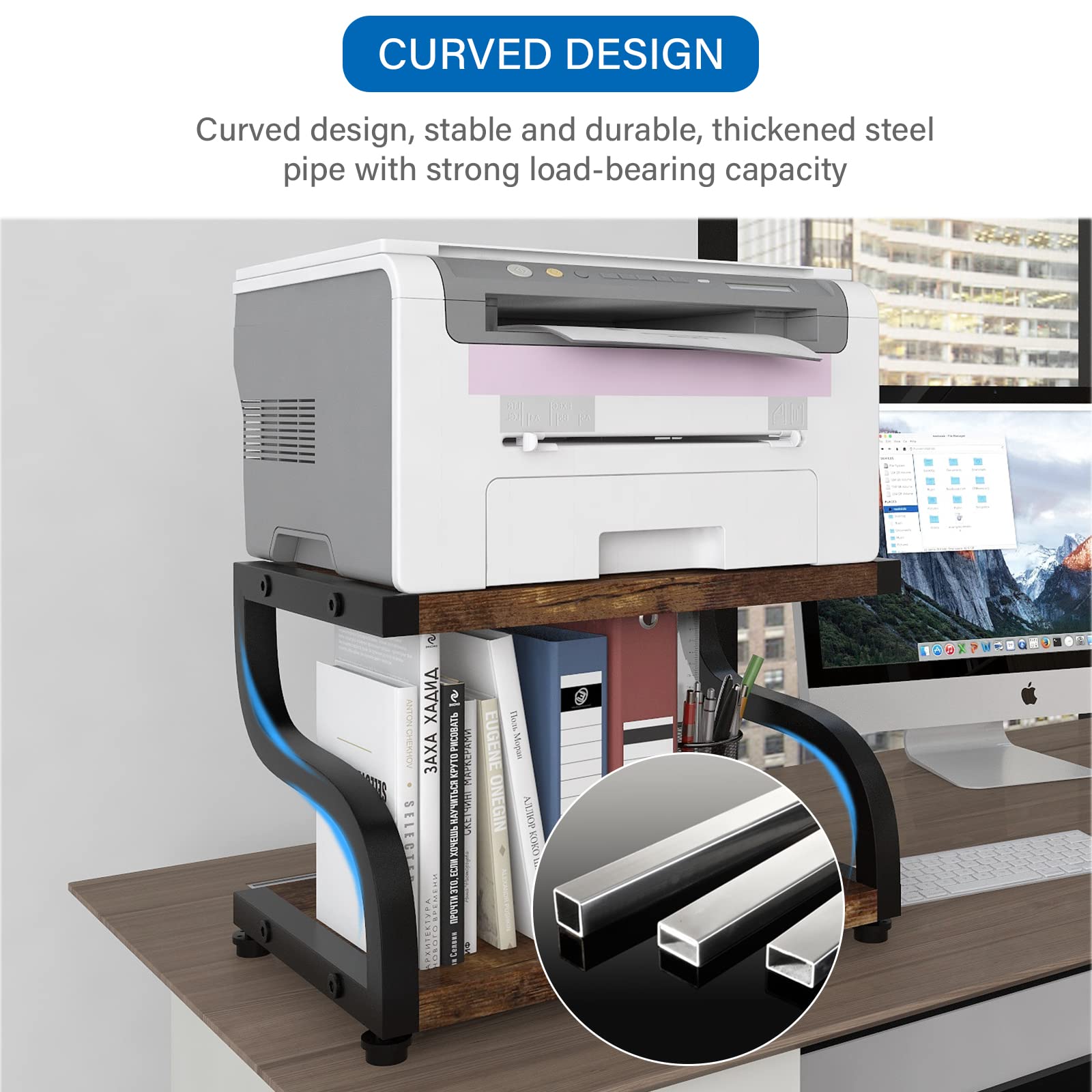 PUNCIA 2 Tiers Small Retro Wood Home Office Desktop Printer Stand Laser Printer Copier Stand with Storage Rustic Tabletop Heavy Duty Organizer Rack Shelf Desk Dual for Small Space Double Tiers Tray