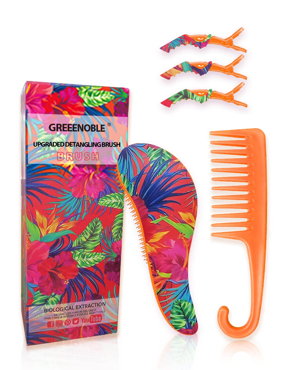 Detangling Hairbrush and Comb Set - Detangling Brush for Wet, Dry, Curly, Women & Kids Hair with Wide Tooth Comb and 3 Alligator Styling Sectioning Clips of Professional Hair Salon Quality (Tropica Plants)