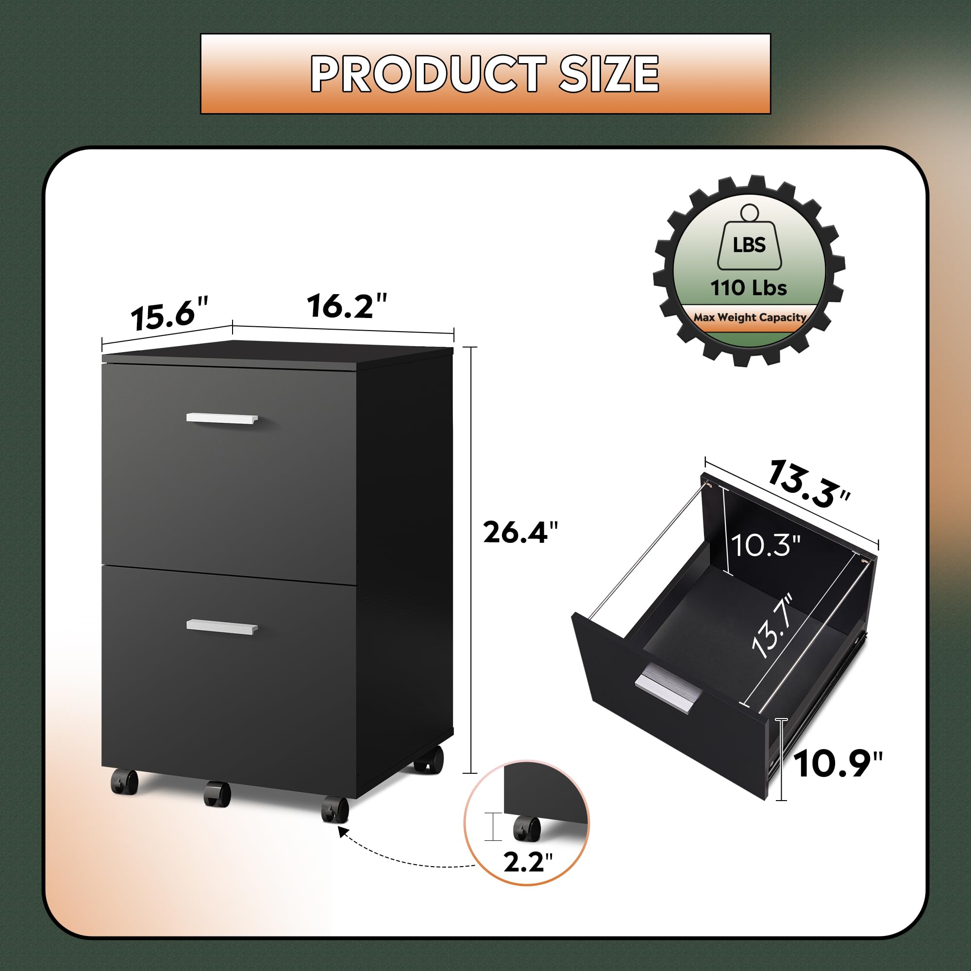 DEVAISE 2 Drawer File Cabinet, Mobile Printer Stand, Wood Filing Cabinet fits A4 or Letter Size for Home Office, Black