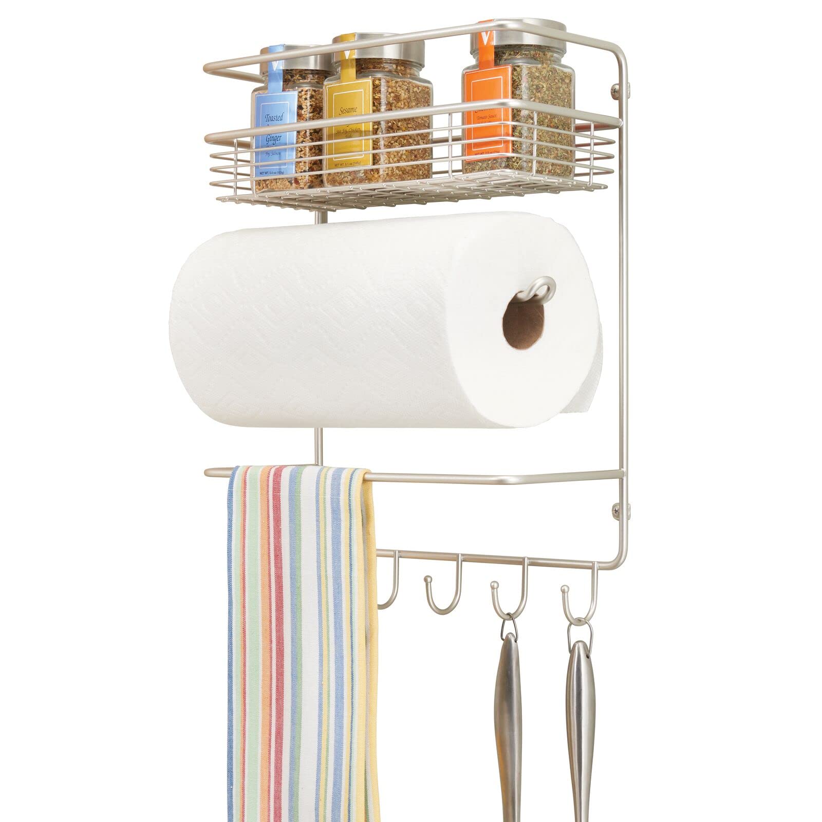 mDesign Metal Wall Mount Paper Towel Holder with Storage Shelf and Hooks for Kitchen, Pantry, Laundry, Garage Organization - Holds Spices, Seasonings, Pot Holders, Cookware - Satin