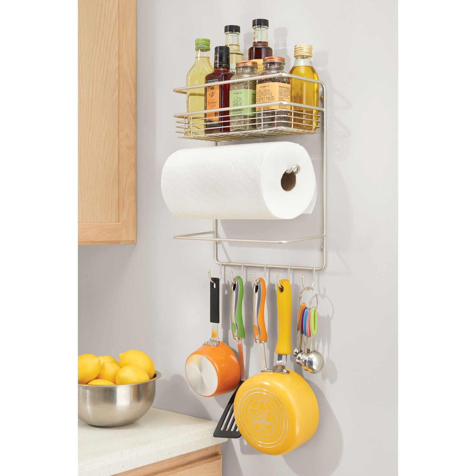 mDesign Metal Wall Mount Paper Towel Holder with Storage Shelf and Hooks for Kitchen, Pantry, Laundry, Garage Organization - Holds Spices, Seasonings, Pot Holders, Cookware - Satin