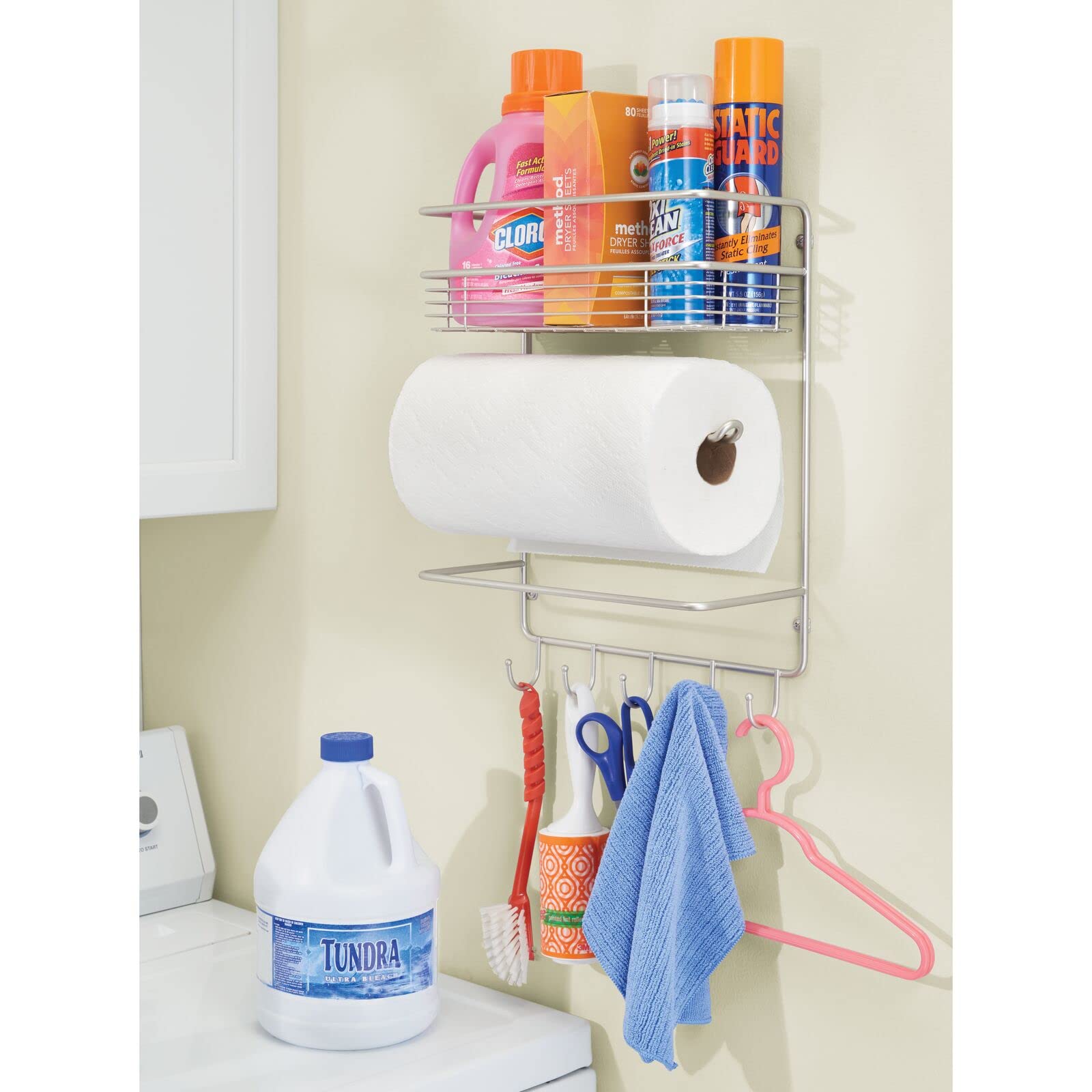 mDesign Metal Wall Mount Paper Towel Holder with Storage Shelf and Hooks for Kitchen, Pantry, Laundry, Garage Organization - Holds Spices, Seasonings, Pot Holders, Cookware - Satin