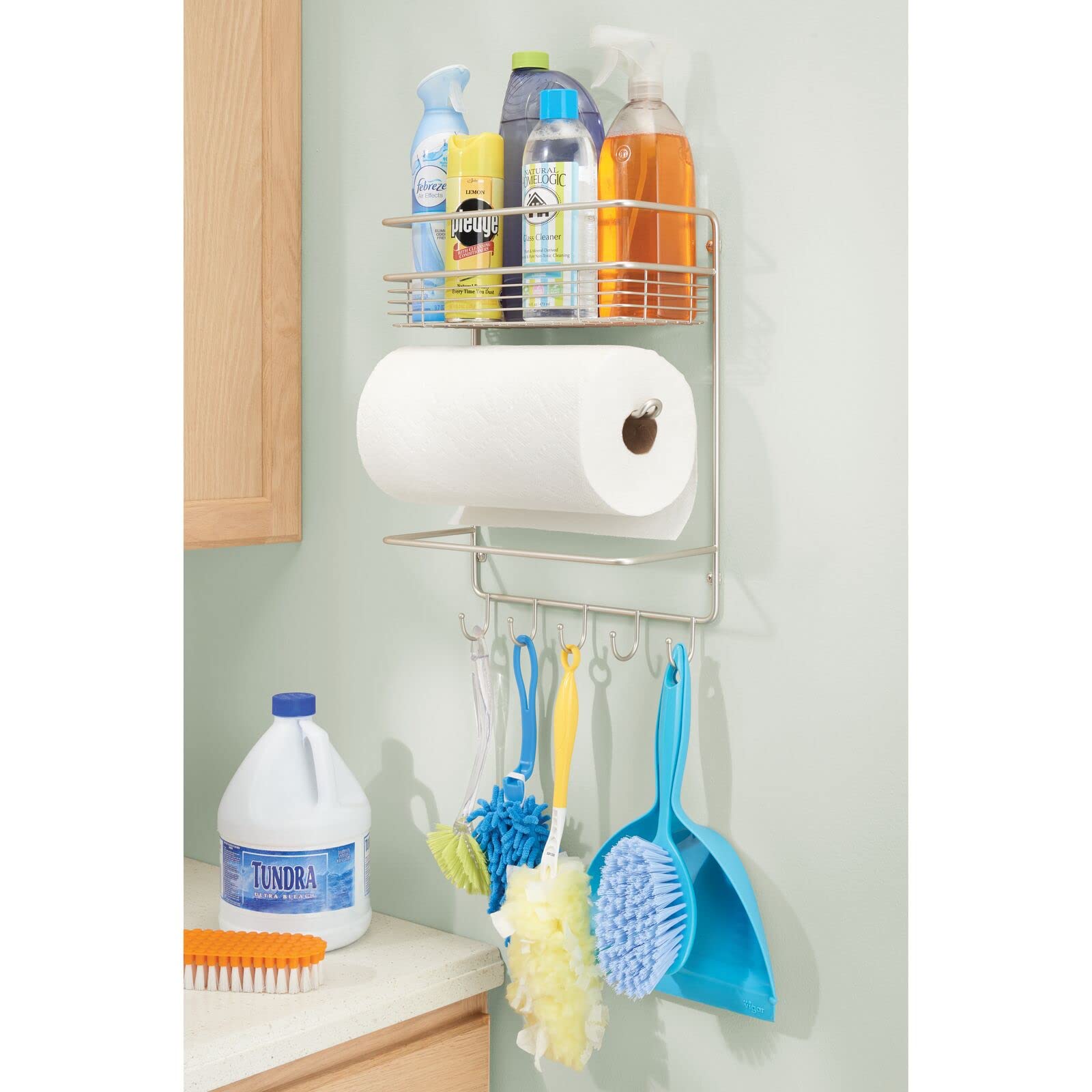mDesign Metal Wall Mount Paper Towel Holder with Storage Shelf and Hooks for Kitchen, Pantry, Laundry, Garage Organization - Holds Spices, Seasonings, Pot Holders, Cookware - Satin
