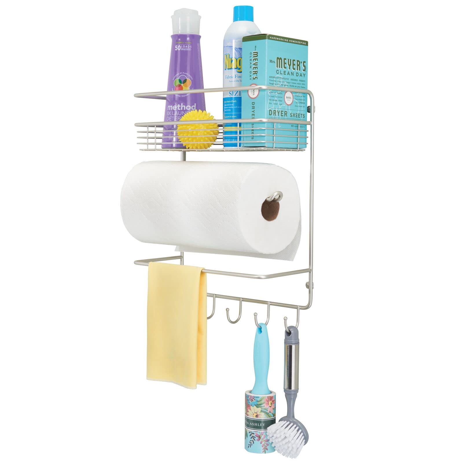 mDesign Metal Wall Mount Paper Towel Holder with Storage Shelf and Hooks for Kitchen, Pantry, Laundry, Garage Organization - Holds Spices, Seasonings, Pot Holders, Cookware - Satin