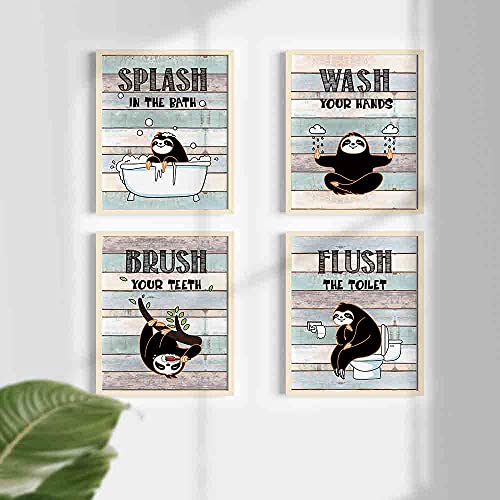 FALJIOK Funny Sloth Bathroom Decor Wall Art Sign, Rustic Farmhouse Wood Sloth Bathroom Rules Wall Art for Kids, Sloth lover, Nursery, Wash Brush Flush, 4set,8βX10β Unframed