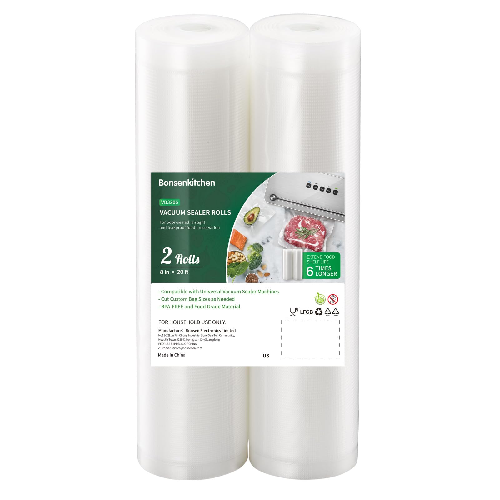 Bonsenkitchen Vacuum Food Sealer Rolls Bags, 2 Packs 8 in x 20 ft Storage Bags, BPA Free, Durable Commercial Customized Size Food Bags for Food Storage and Sous Vide Cooking