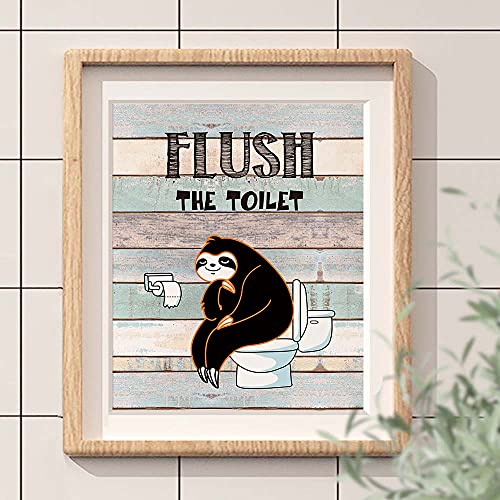 FALJIOK Funny Sloth Bathroom Decor Wall Art Sign, Rustic Farmhouse Wood Sloth Bathroom Rules Wall Art for Kids, Sloth lover, Nursery, Wash Brush Flush, 4set,8βX10β Unframed