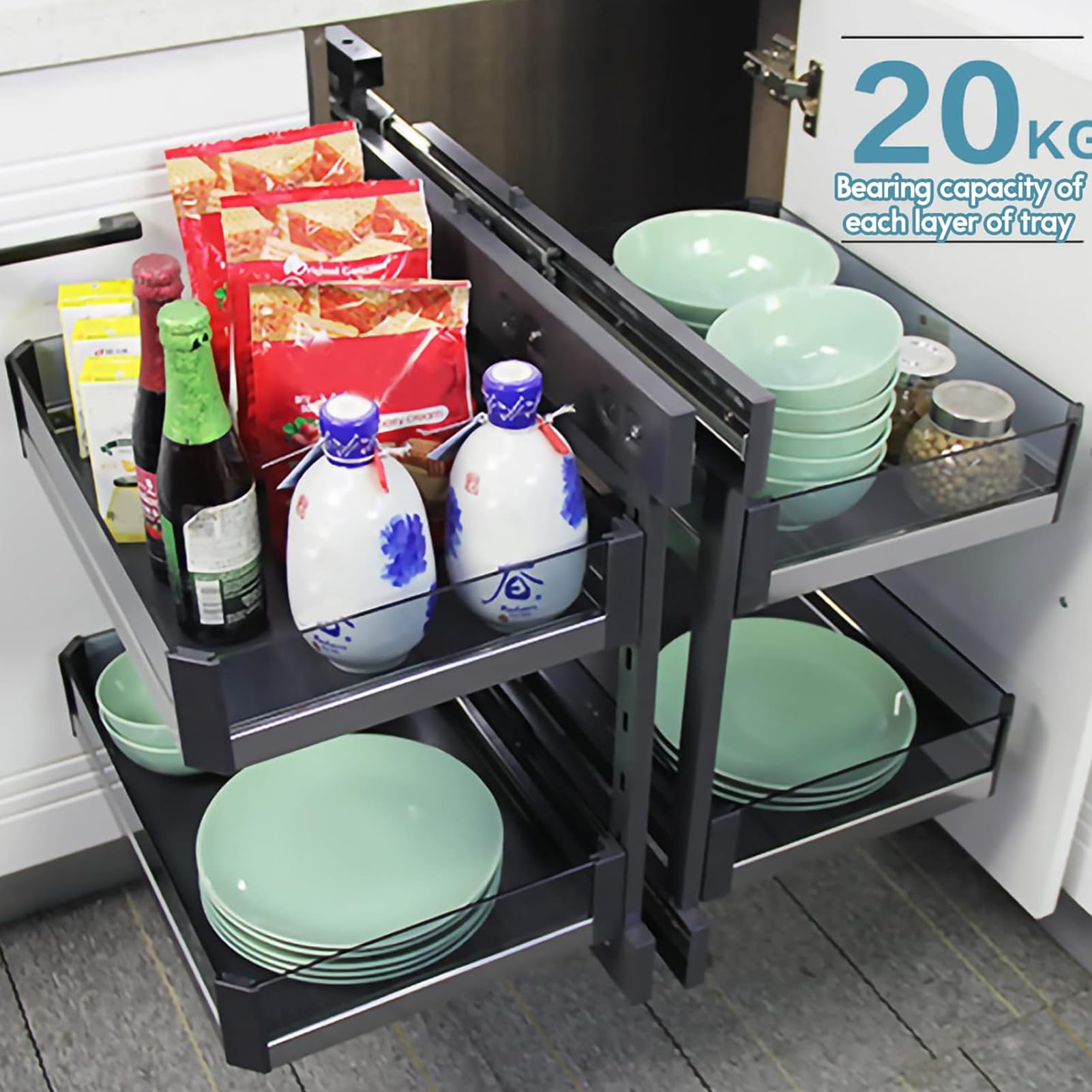 QLYFWLKQ Blind Corner Cabinet Pull Out Organizer, 2 Tier 4 Shelf Chrome Blind Corner Soft Close, Corner Kitchen Cabinet Pull Out Storage Rack Shelf