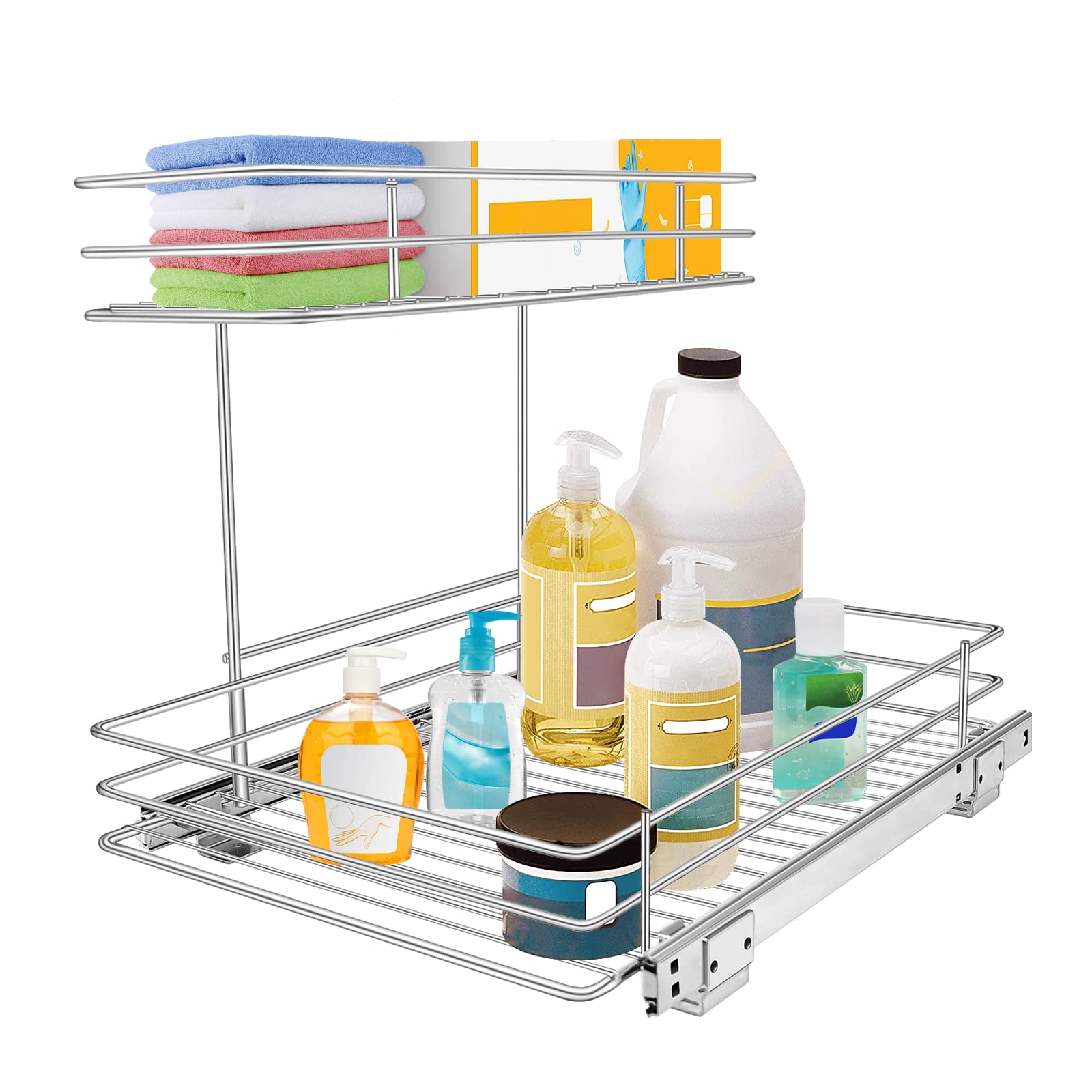 Tksrn Pull Out Cabinet Organier, 1 Tier 12.4" W x 16.5" D + 2 Tier 12.6" W x 16.5" D x 13" H, Wire Frame, Chrome Finish